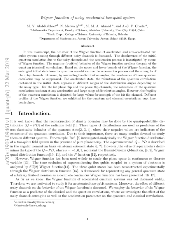 Pdf Wigner Function Of Noisy Accelerated Two Qubit System
