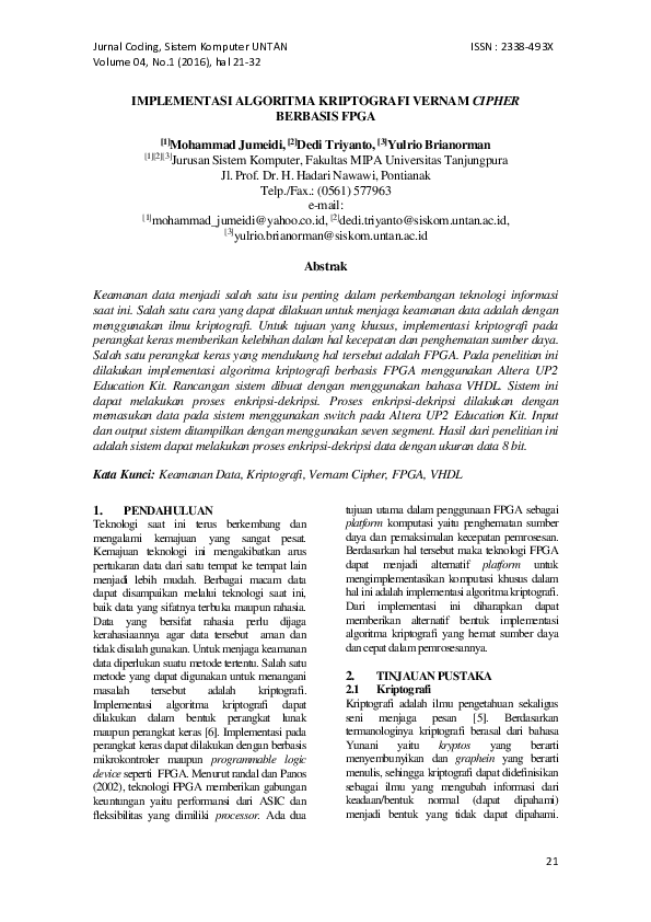 (PDF) Implementasi Algoritma Kriptografi Vernam Cipher Berbasis Fpga