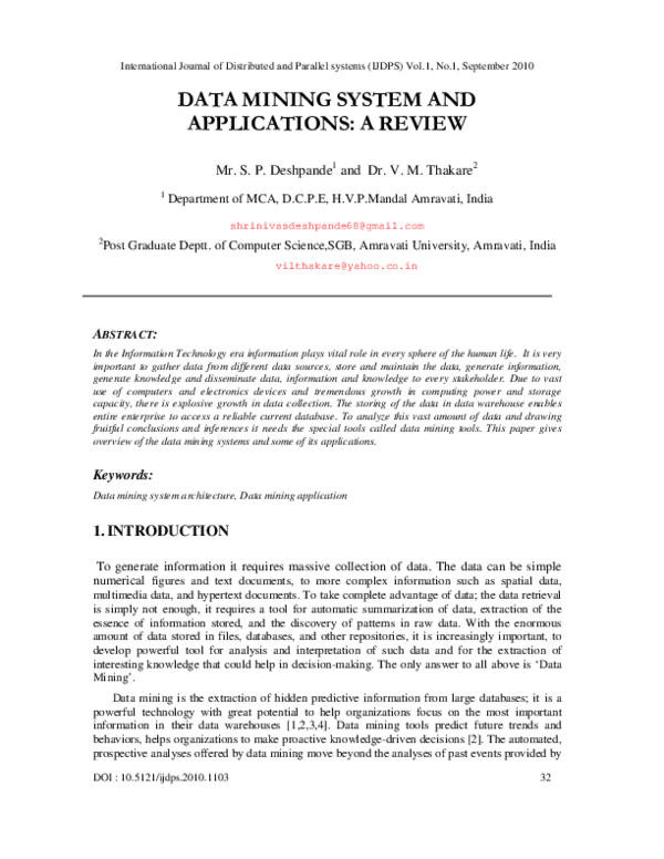 (PDF) Data Mining System and Applications: A Review