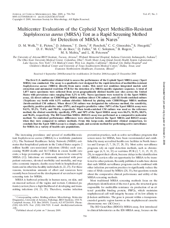 (PDF) Multicenter Evaluation of the Cepheid Xpert Methicillin-Resistant Staphylococcus aureus ...