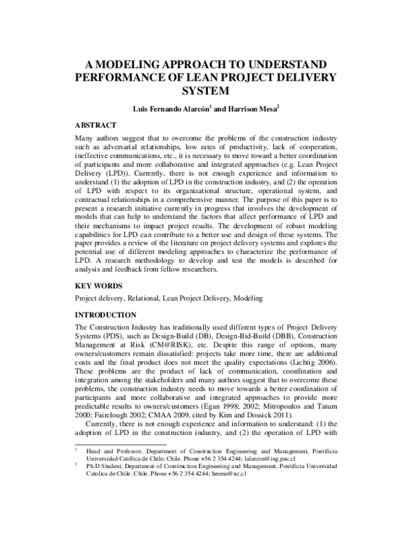 (PDF) A Modeling Approach to Understand Performance of Lean Project Delivery System