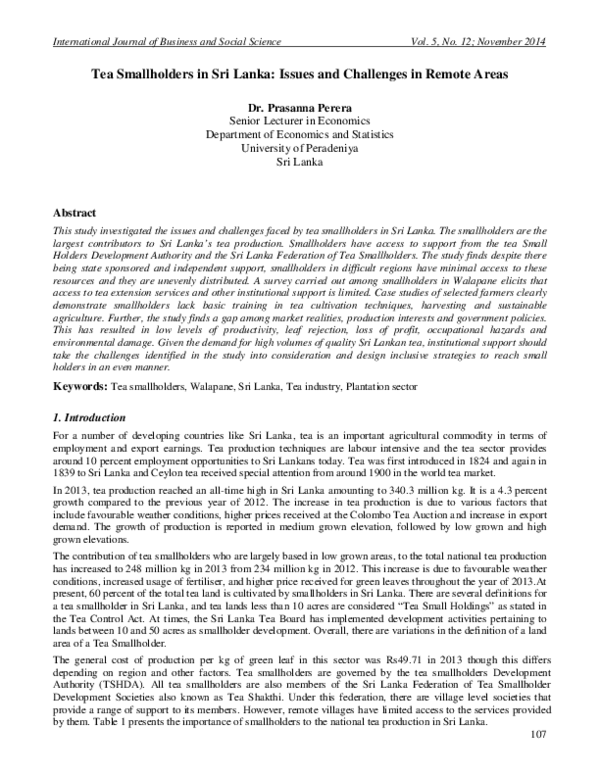 (PDF) Tea Smallholders in Sri Lanka: Issues and Challenges in Remote Areas