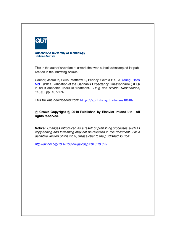 Pdf Validation Of The Cannabis Expectancy Questionnaire Ceq In Adult Cannabis Users In Treatment