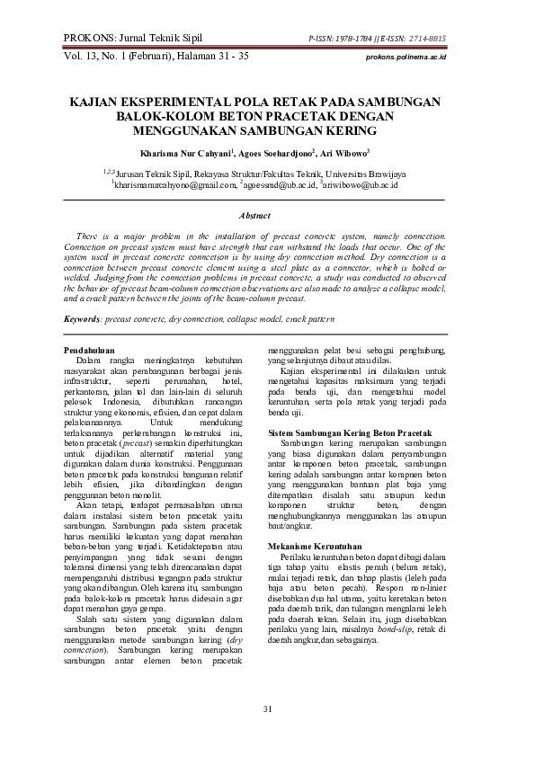 (PDF) Kajian Eksperimental Pola Retak Pada Sambungan Balok-Kolom Beton ...