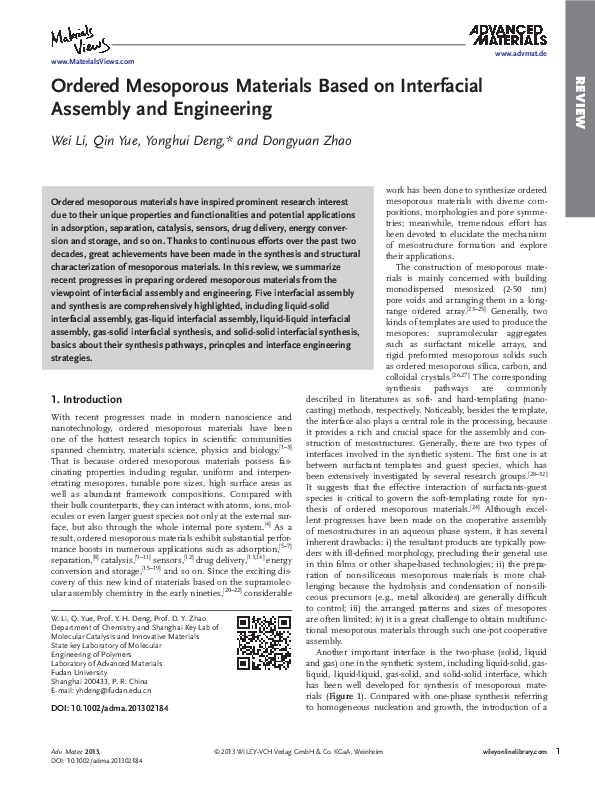 Pdf Ordered Mesoporous Materials Based On Interfacial Assembly And
