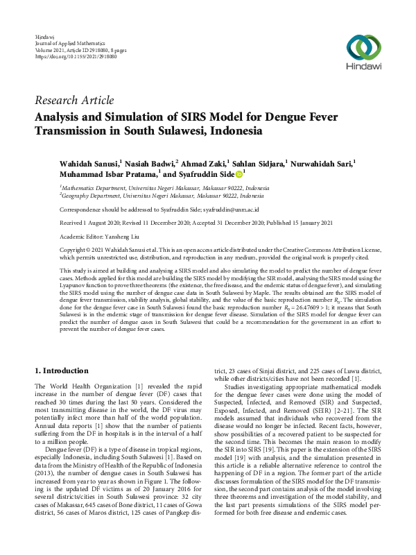 Pdf Analysis And Simulation Of Sirs Model For Dengue Fever Transmission In South Sulawesi