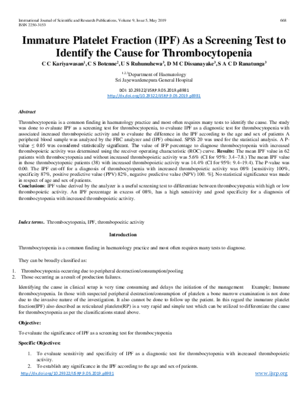(PDF) Immature Platelet Fraction (IPF) As a Screening Test to Identify ...