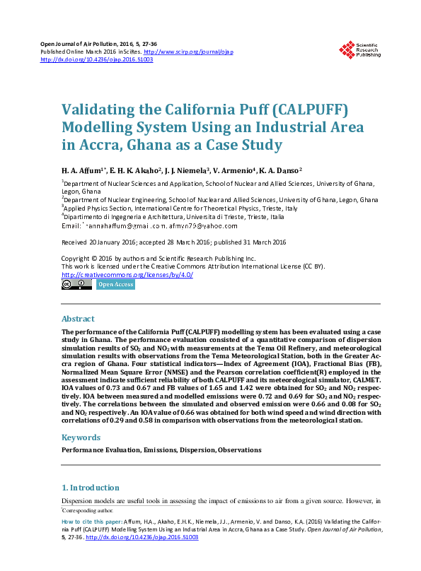 (PDF) Validating the California Puff (CALPUFF) Modelling System Using ...