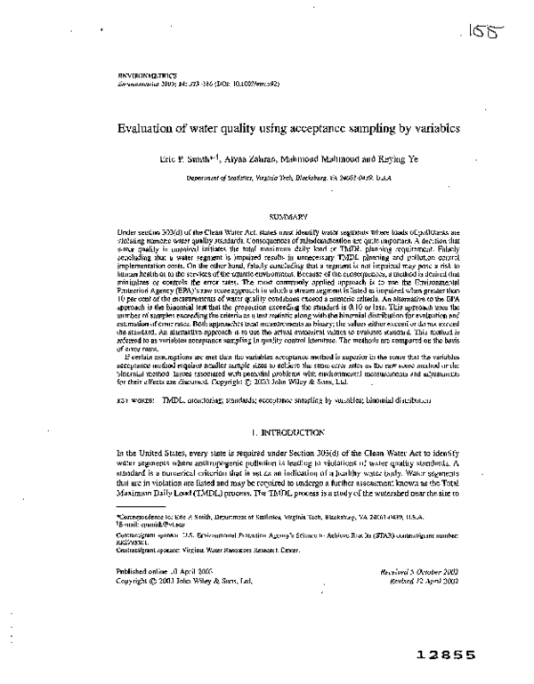 Pdf Evaluation Of Water Quality Using Acceptance Sampling By Variables