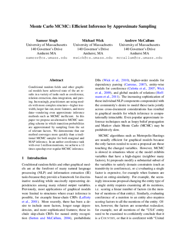 Pdf Monte Carlo Mcmc Efficient Inference By Approximate Sampling