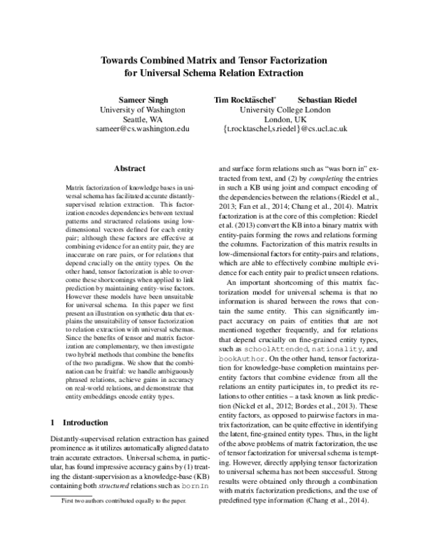 Pdf Towards Combined Matrix And Tensor Factorization For Universal Schema Relation Extraction