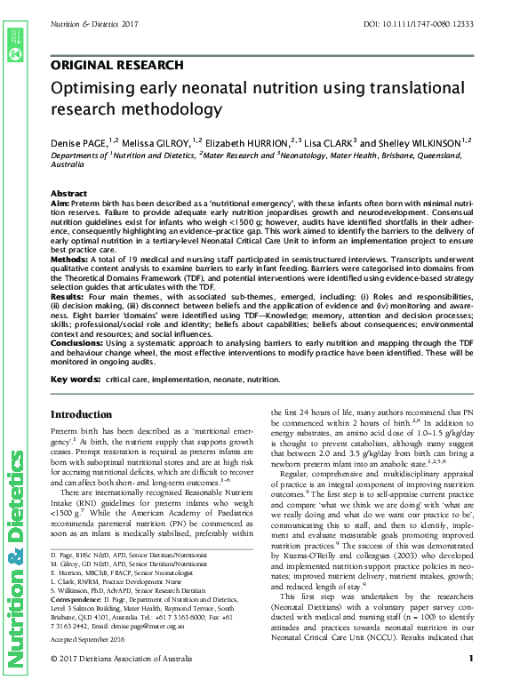 (PDF) Optimising early neonatal nutrition using translational research ...