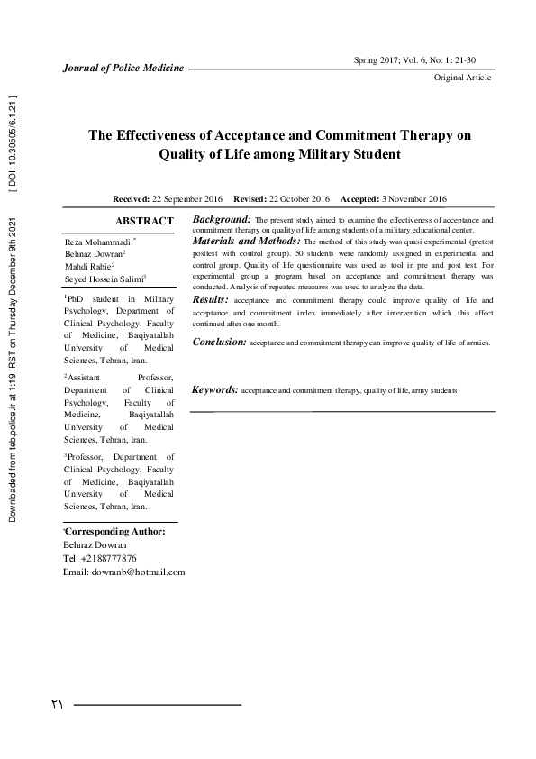 (PDF) The Effectiveness of Acceptance and Commitment Therapy on Quality of Life Among Military ...