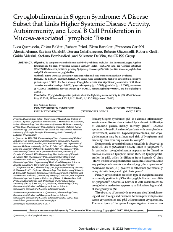 (PDF) Cryoglobulinemia in Sjögren Syndrome: A Disease Subset that Links ...