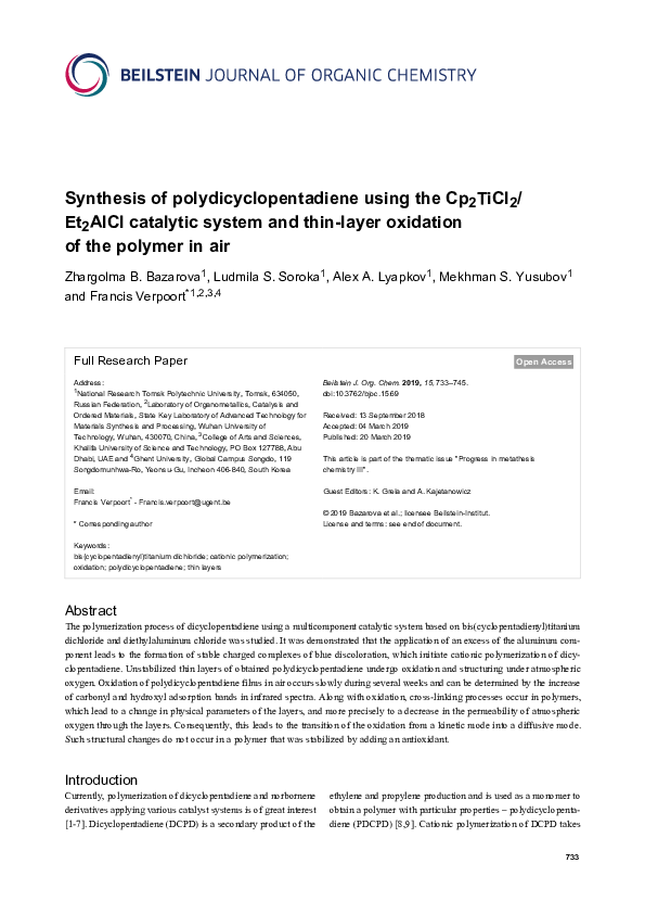 (PDF) Synthesis of polydicyclopentadiene using the Cp2TiCl2/Et2AlCl ...