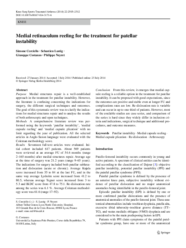 (PDF) Medial retinaculum reefing for the treatment for patellar instability