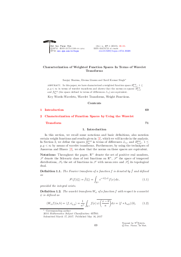 Pdf Characterization Of Weighted Function Spaces In Terms Of Wavelet Transforms