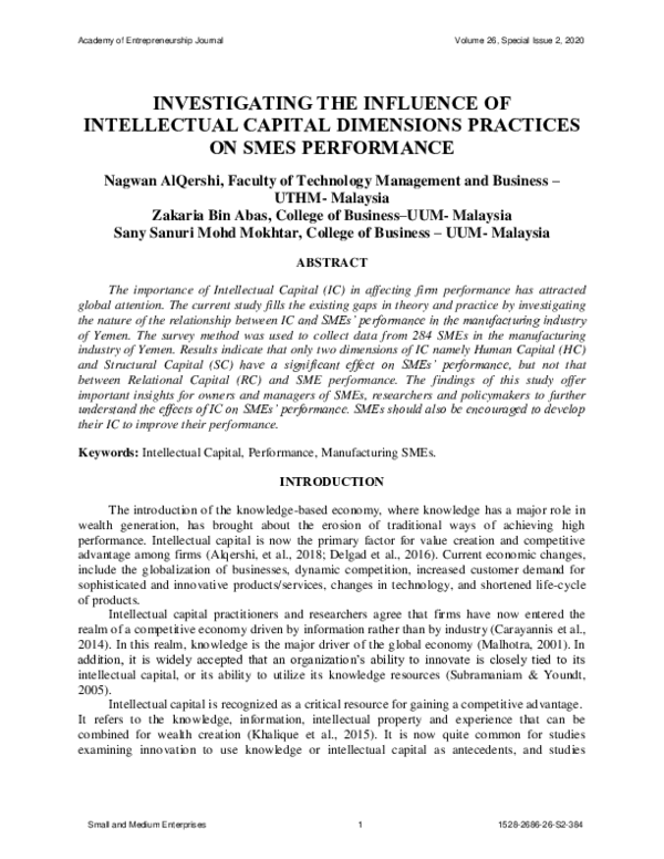 (PDF) Investigating the Influence of Intellectual Capital Dimensions Practices On SMEs Performance