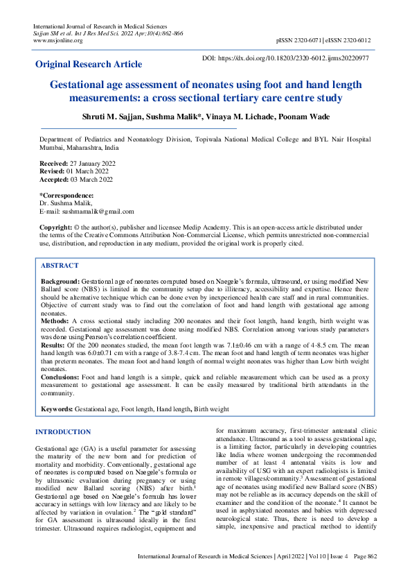 (PDF) Gestational age assessment of neonates using foot and hand length ...