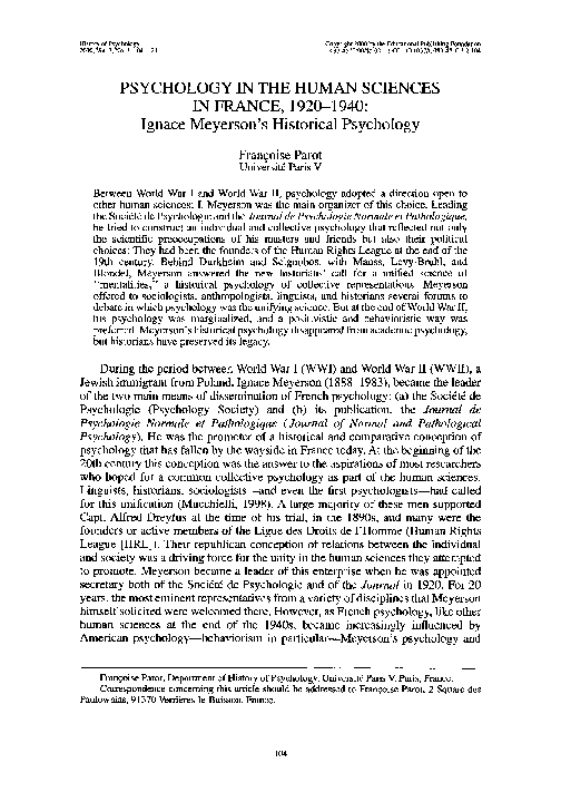 (PDF) Psychology in the human sciences in France, 1920–1940: Ignace ...