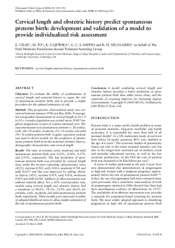 (PDF) Cervical length and obstetric history predict spontaneous preterm birth: development and ...