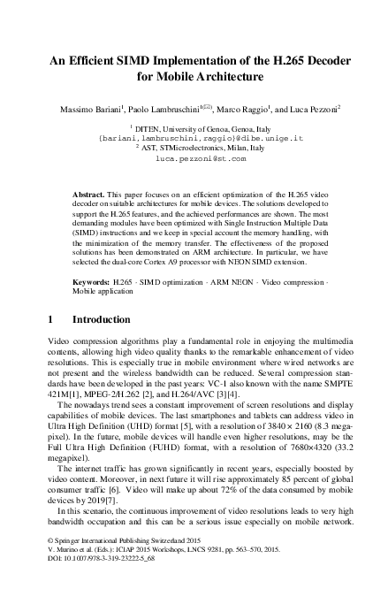 (PDF) An Efficient SIMD Implementation of the H.265 Decoder for Mobile Architecture