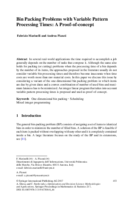 (PDF) Bin Packing Problems with Variable Pattern Processing Times: A Proof-of-concept