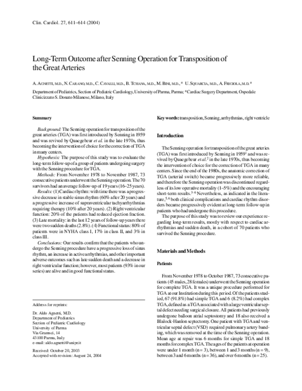 (PDF) Long-term outcome after senning operation for transposition of ...