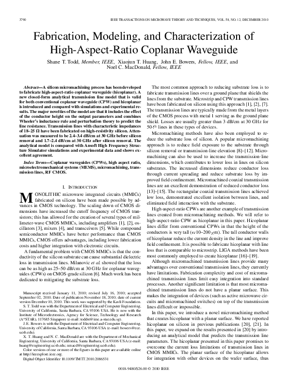 Pdf Fabrication Modeling And Characterization Of High Aspect Ratio Coplanar Waveguide