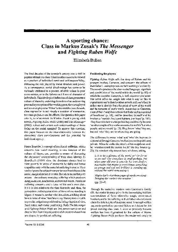(PDF) A Sporting Chance: Class in Markus Zusak's the Messenger and ...