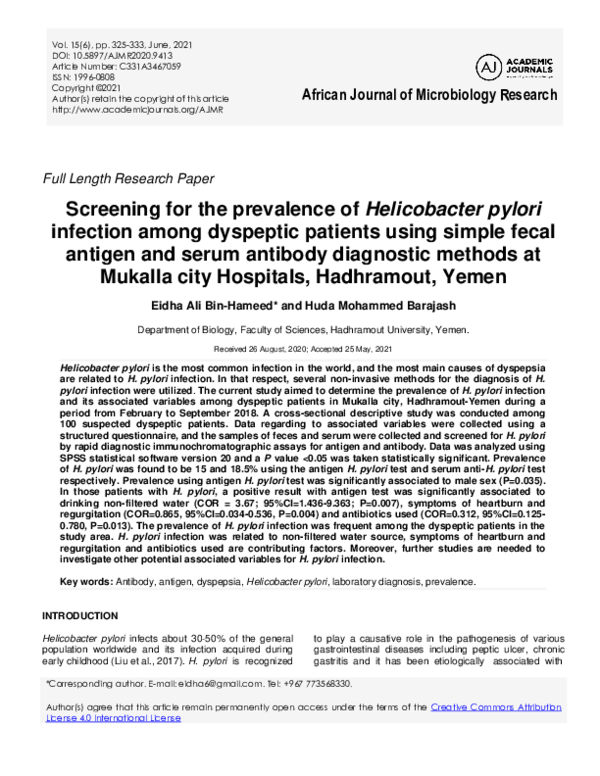 (PDF) Screening for the prevalence of Helicobacter pylori infection ...