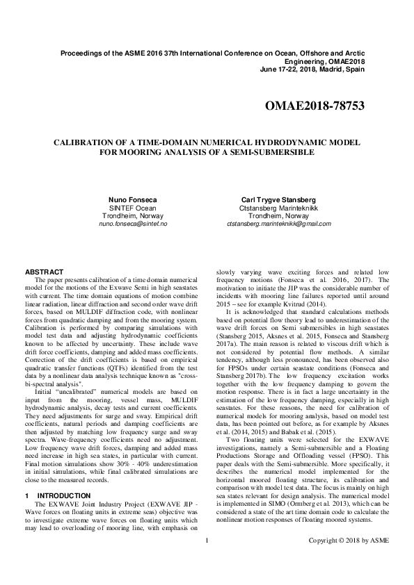 Pdf Calibration Of A Time Domain Numerical Hydrodynamic Model For