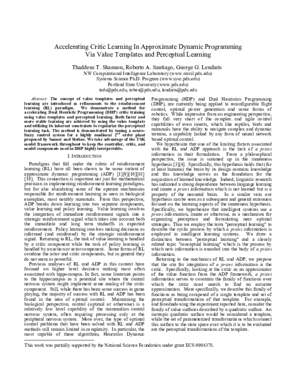 (PDF) Accelerating critic learning in approximate dynamic programming ...