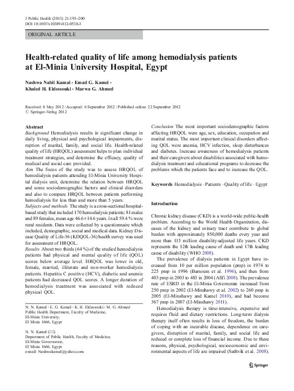 (PDF) Health-related quality of life among hemodialysis patients at El ...
