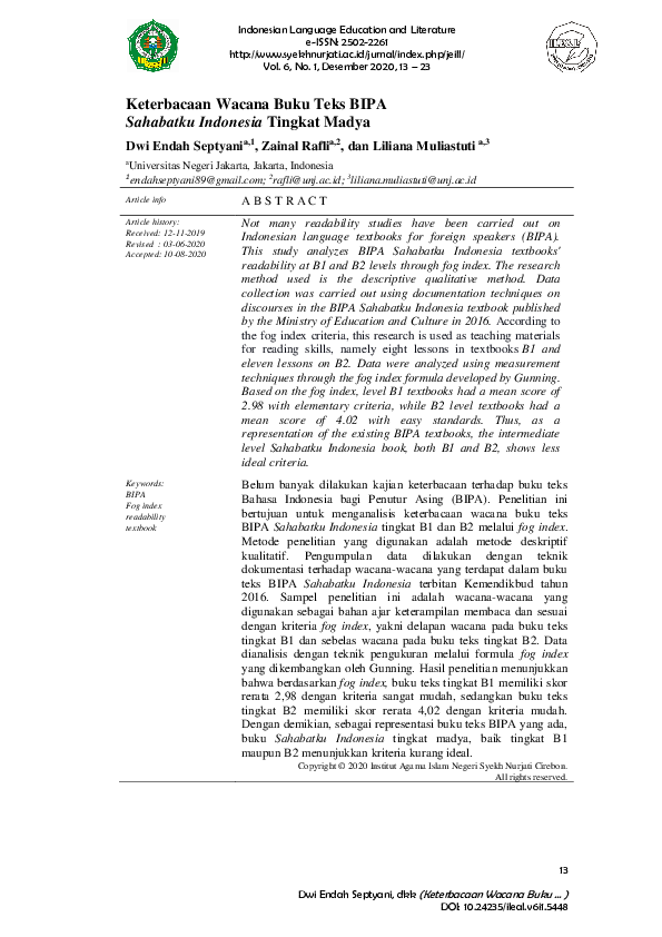 (PDF) Keterbacaan Wacana Buku Teks BIPA "Sahabatku Indonesia" Tingkat Madya
