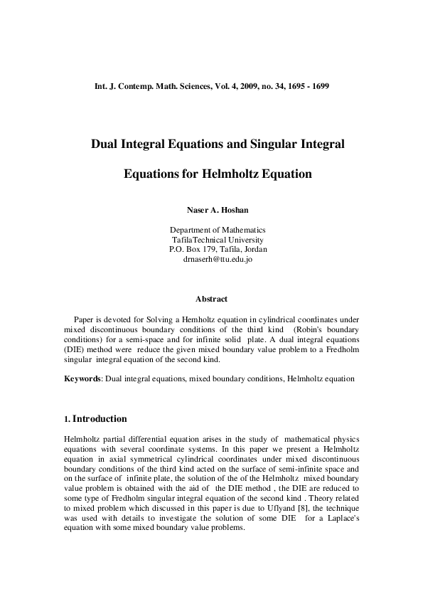 (PDF) Dual integral equations and singular integral equations for Helmholtz equation