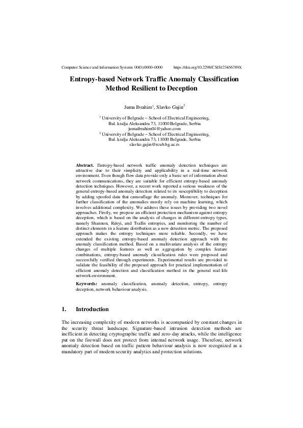 (PDF) Entropy-based network traffic anomaly classification method resilient to deception