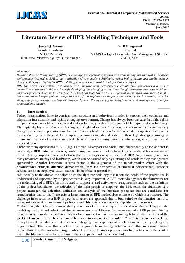 (PDF) Literature Review of BPR Modelling Techniques and Tools
