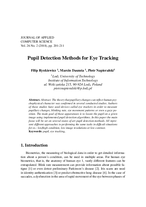 (PDF) Pupil Detection Methods for Eye Tracking