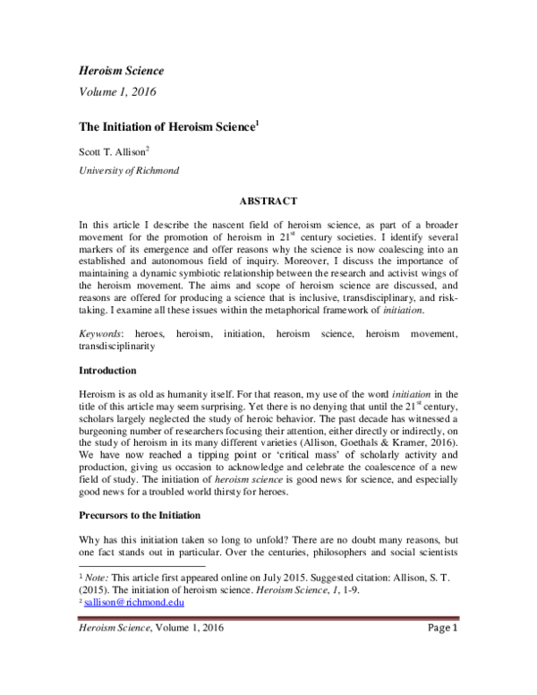 (PDF) Heroism Science The Initiation of Heroism Science 1