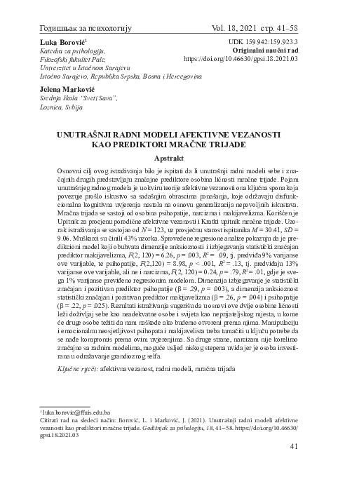 (PDF) Unutrašnji Radni Modeli Afektivne Vezanosti Kao Prediktori Mračne ...