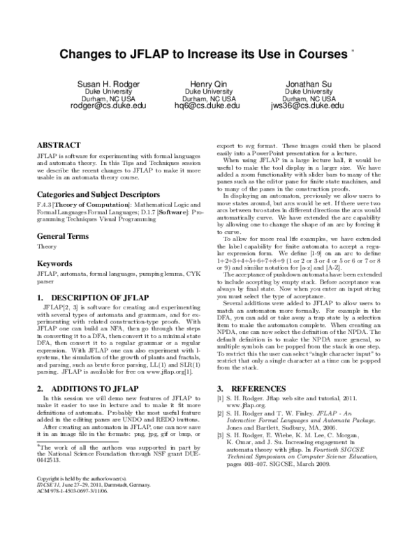 (PDF) Changes to JFLAP to increase its use in courses | Susan Rodger ...