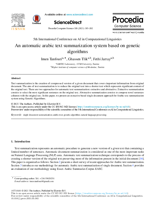 Pdf An Automatic Arabic Text Summarization System Based On Genetic Algorithms