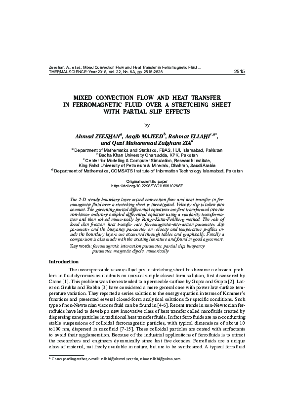 (PDF) Mixed convection flow and heat transfer in ferromagnetic fluid over a stretching sheet ...