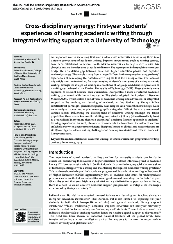 (PDF) Cross-disciplinary synergy: First-year students’ experiences of ...