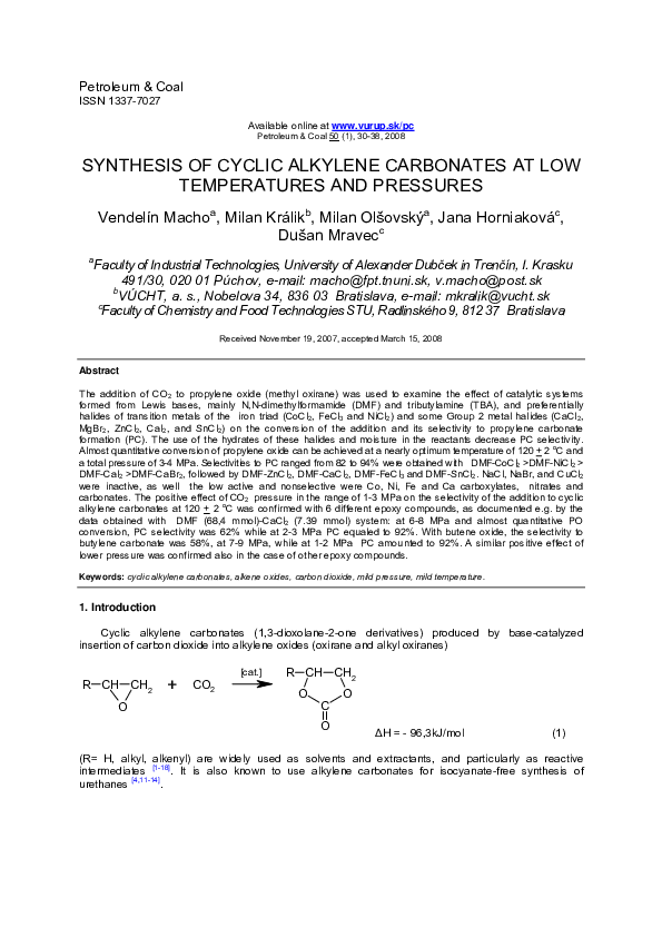 (PDF) Synthesis of Cyclic Alkylene Carbonates at Low Temperatures and ...