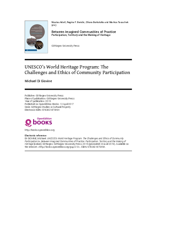UNESCO’s World Heritage Program: The Challenges and Ethics of Community ...