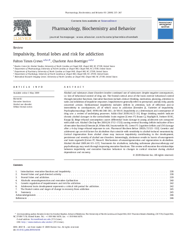 (PDF) Impulsivity, frontal lobes and risk for addiction