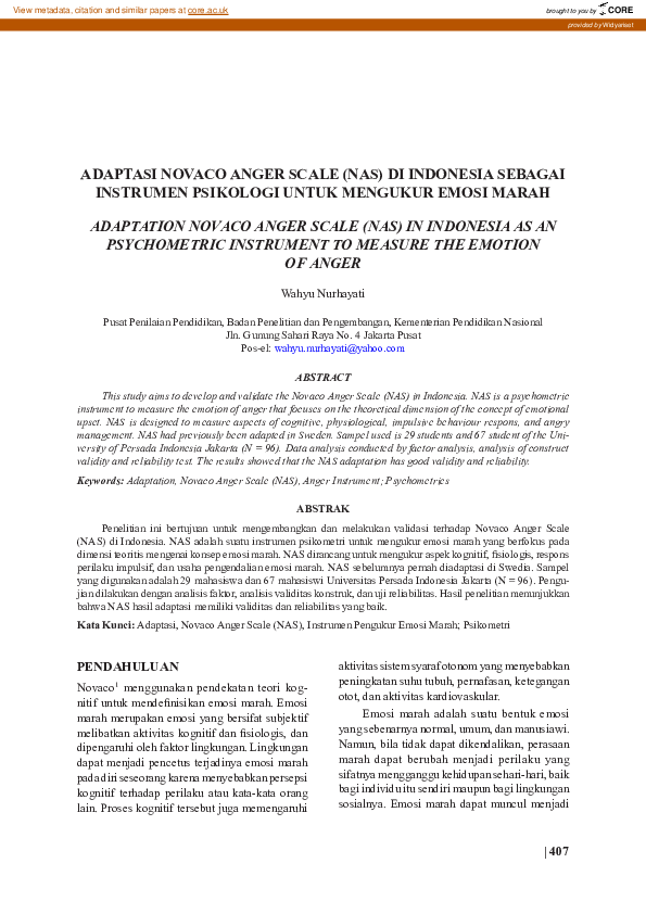 (PDF) Adaptation Novaco Anger Scale (Nas) in Indonesia as an ...