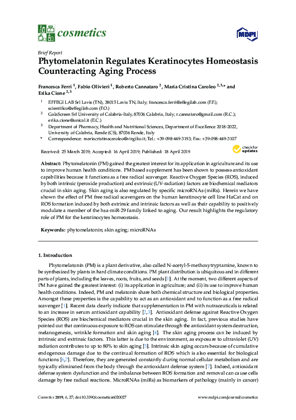 (PDF) Phytomelatonin Regulates Keratinocytes Homeostasis Counteracting ...